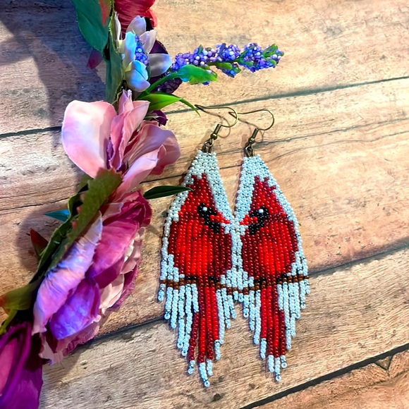 Handmade | Jewelry | Red Cardinal Beaded Earring In White | Poshmark